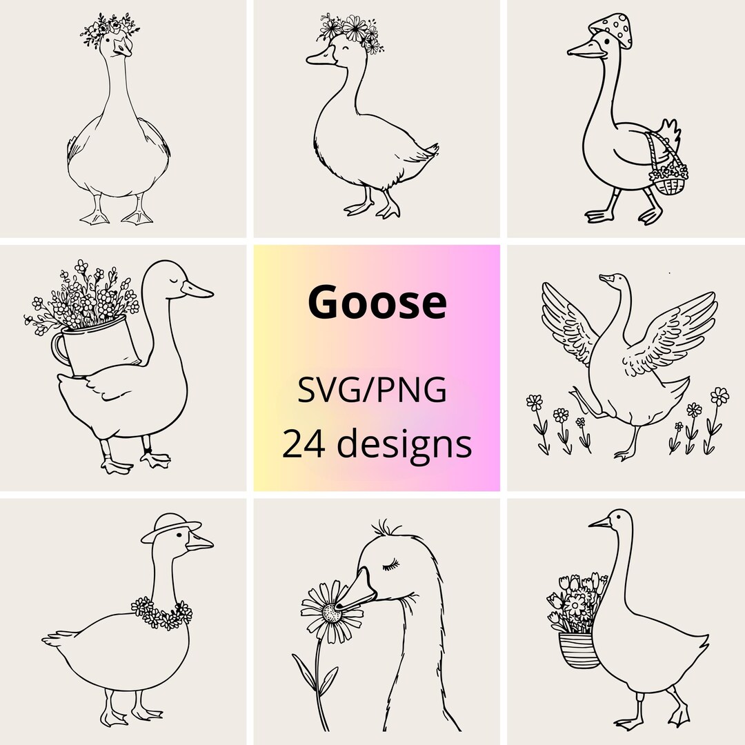 Cute Floral Goose SVG PNG Bundle | Hand-drawn Farm Goose With Wild ...