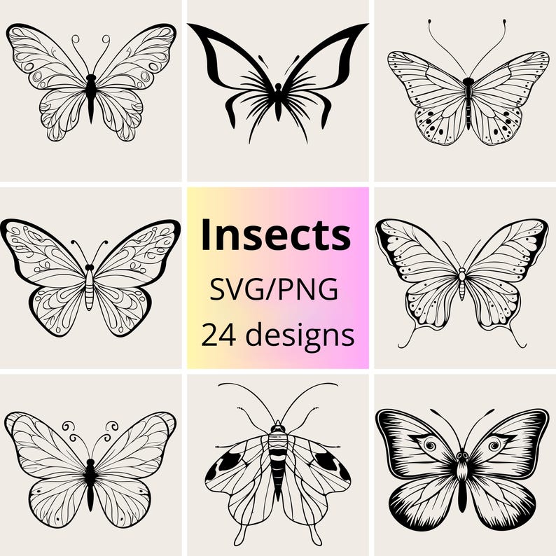 Insects Line Art SVG & PNG Bundle | Insects Clipart Set | Butterfly ...