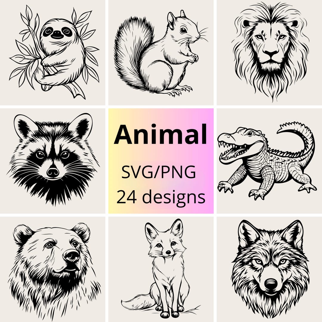 Wild Animal Line Art SVG PNG Bundle: Jungle & Safari Clipart (digital ...