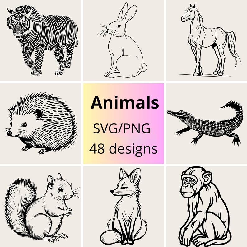 Animal SVG PNG Bundle | Wild Animal Designs | Animal Line Art | Wild ...