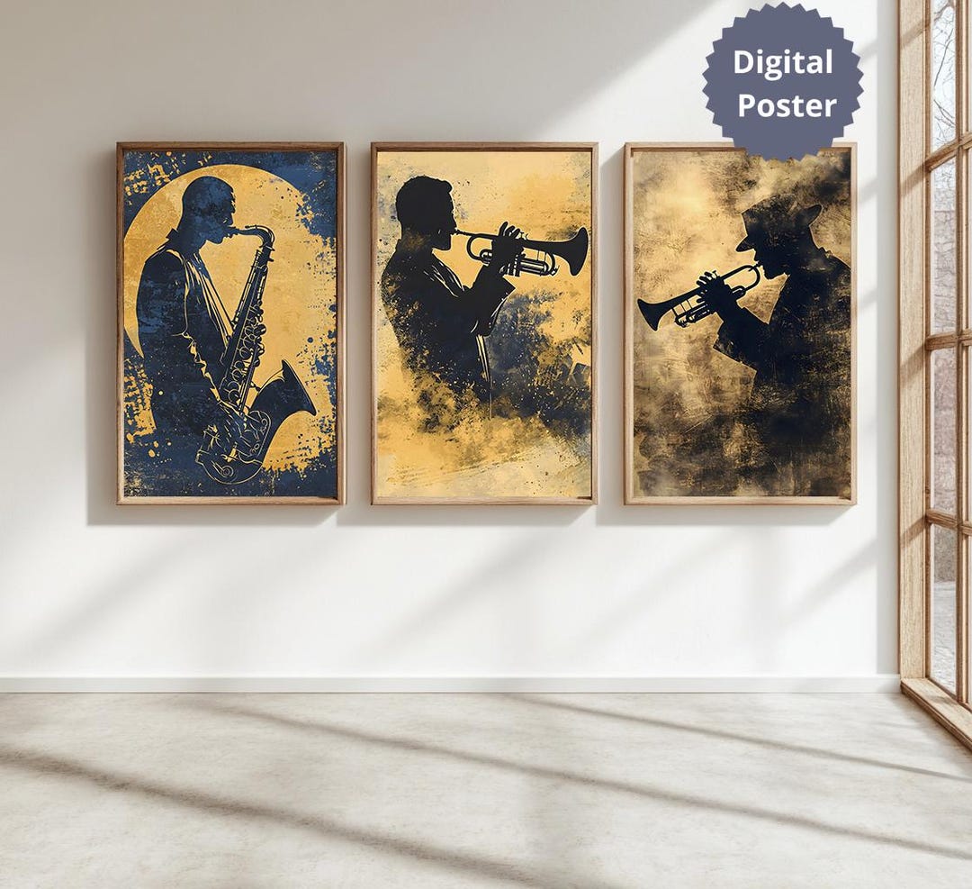 Vintage Jazz Music Poster Set: Saxophone & Trumpet Silhouettes (digital ...