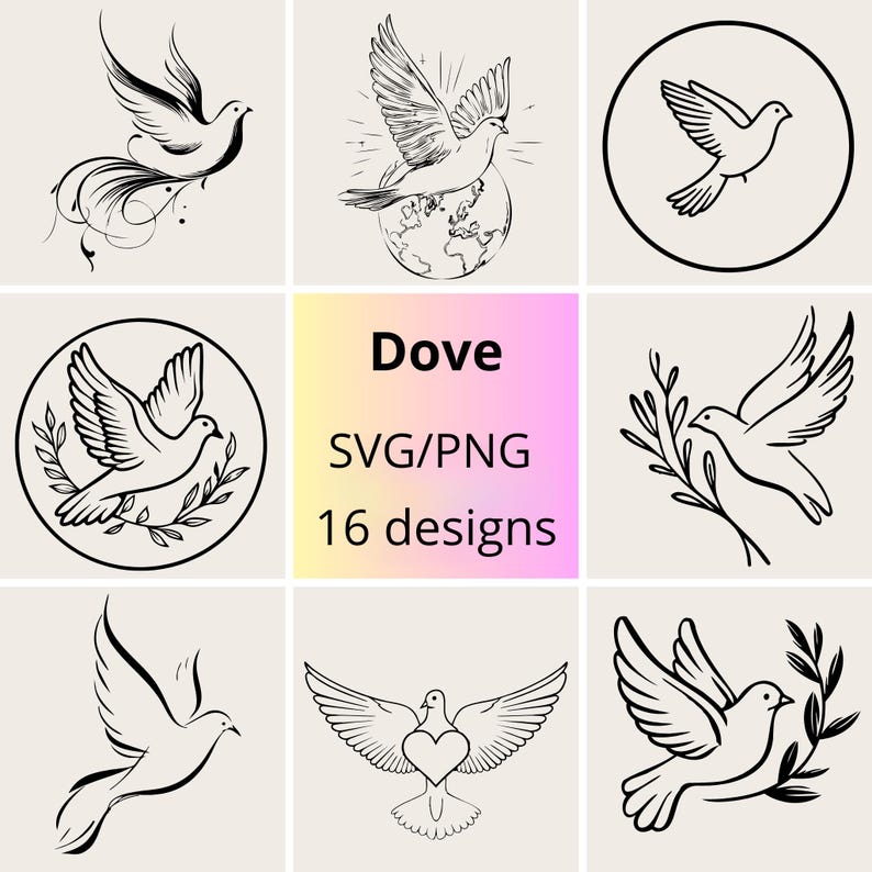 Dove SVG PNG Bundle: Peaceful Bird Designs for Wedding Decor (digital ...