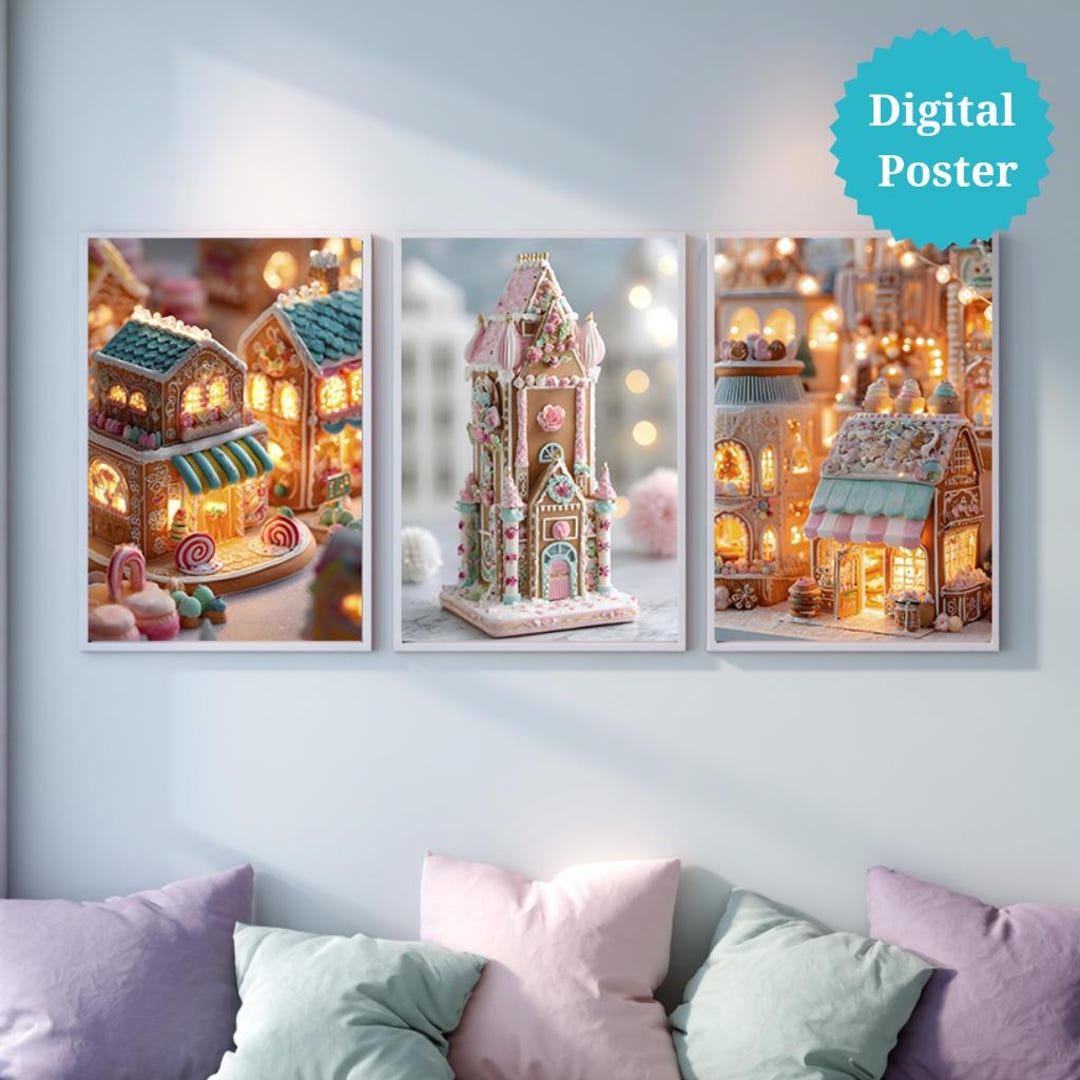 Candyland Christmas Gingerbread Houses | Candy Cottage Holiday Poster ...