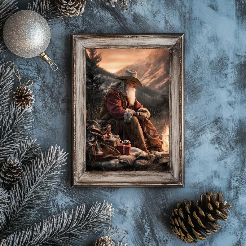Cowboy Santa by the Campfire Digital Poster | Western Christmas Print ...