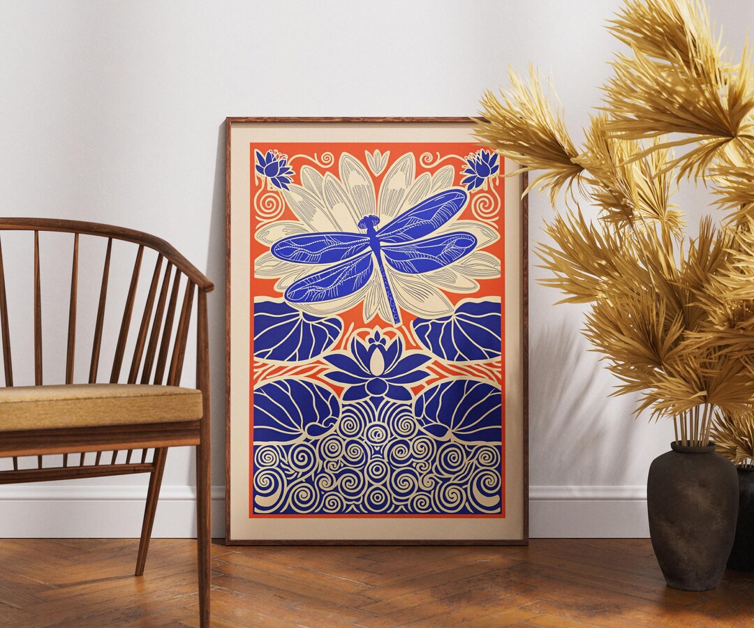 Vintage Dragonfly Poster, Linocut Lotus Haven Art, Zen Nature Wall ...
