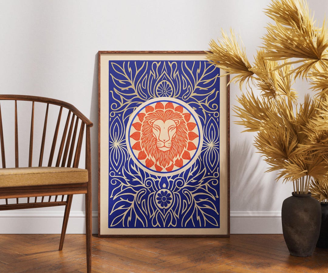 Vintage Lion Poster, Linocut Majestic Ornament Art, Retro Animal Wall ...