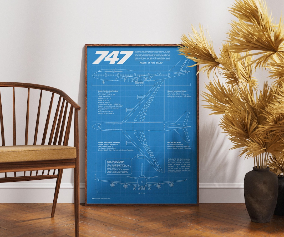 Boeing 747 Blueprint Poster, Airplane Wall Art, Aviation Poster, 747 ...
