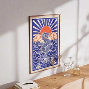 Vintage Emerald Dragon Poster, Linocut Rising Sun Art, Zen Asian Wall ...