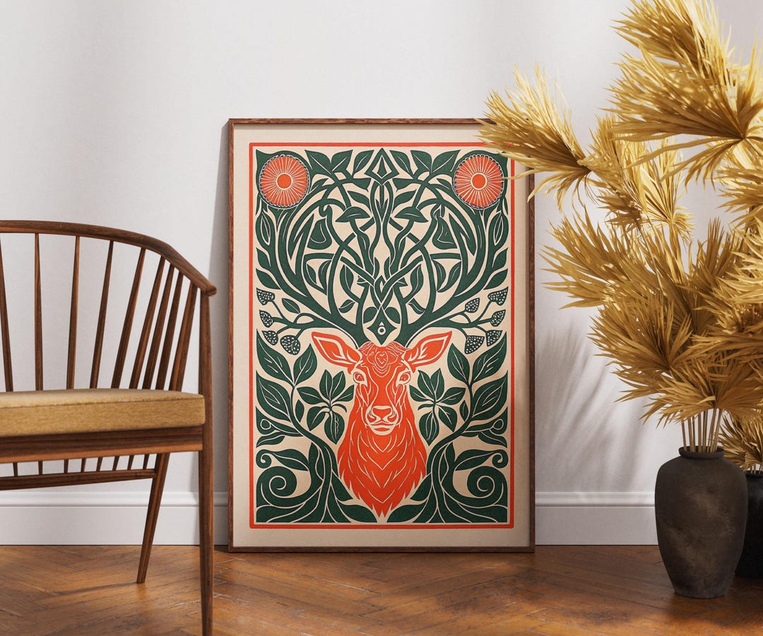 Vintage Stag Poster, Linocut Woodland Majesty Art, Retro Deer Wall ...