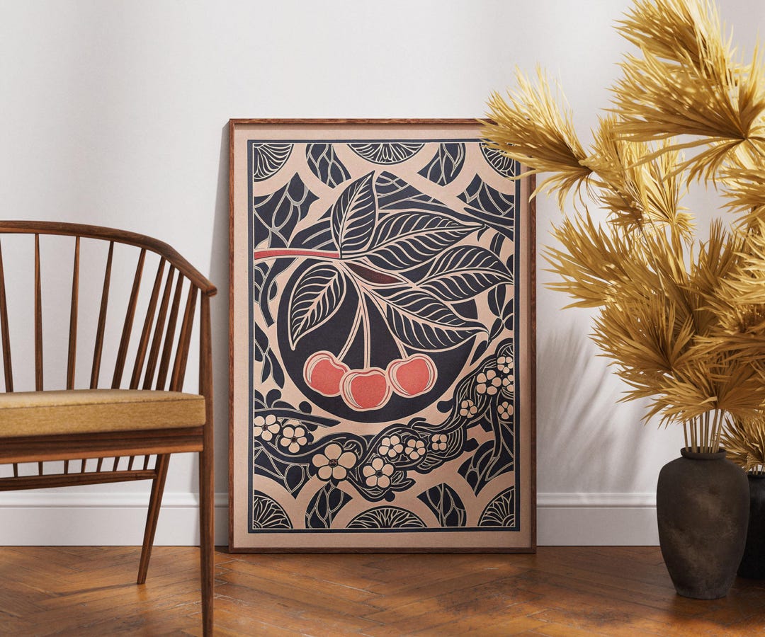Vintage Cherry Poster, Linocut Ornate Cluster Art, Retro Fruit Wall ...
