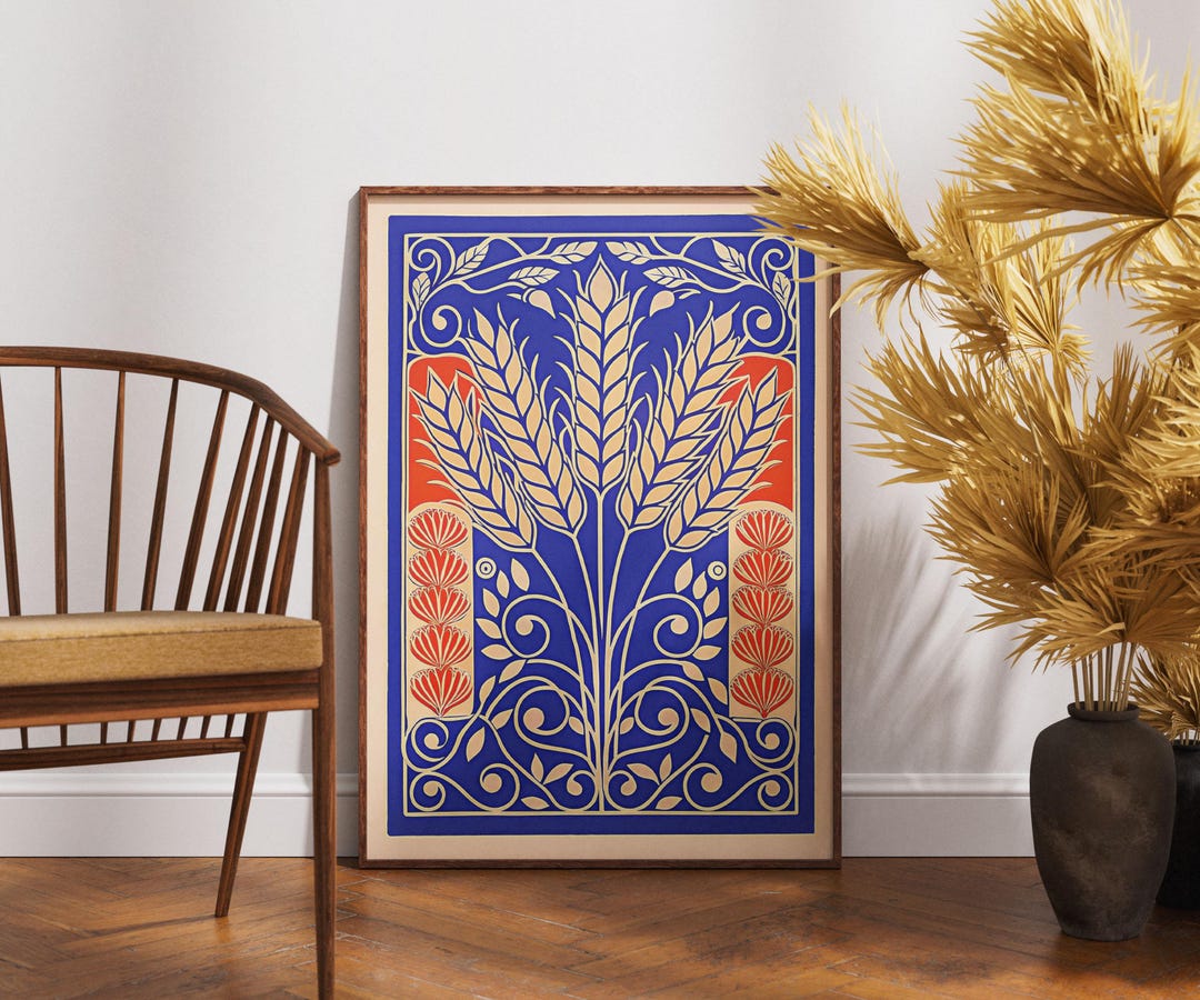 Vintage Wheat Field Poster, Linocut Ornate Farm Art, Rustic Botanical ...