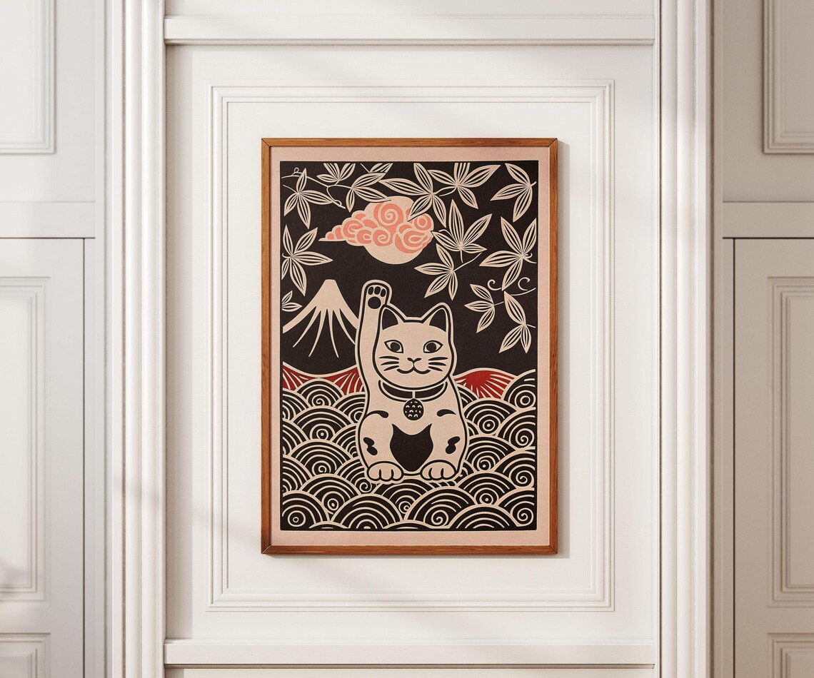 Vintage Maneki-neko Poster, Linocut Maple Breeze Art, Japanese Lucky ...