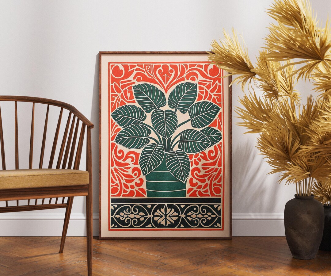 Vintage Potted Greens Poster, Linocut Botanical Art Print, Retro Plant ...