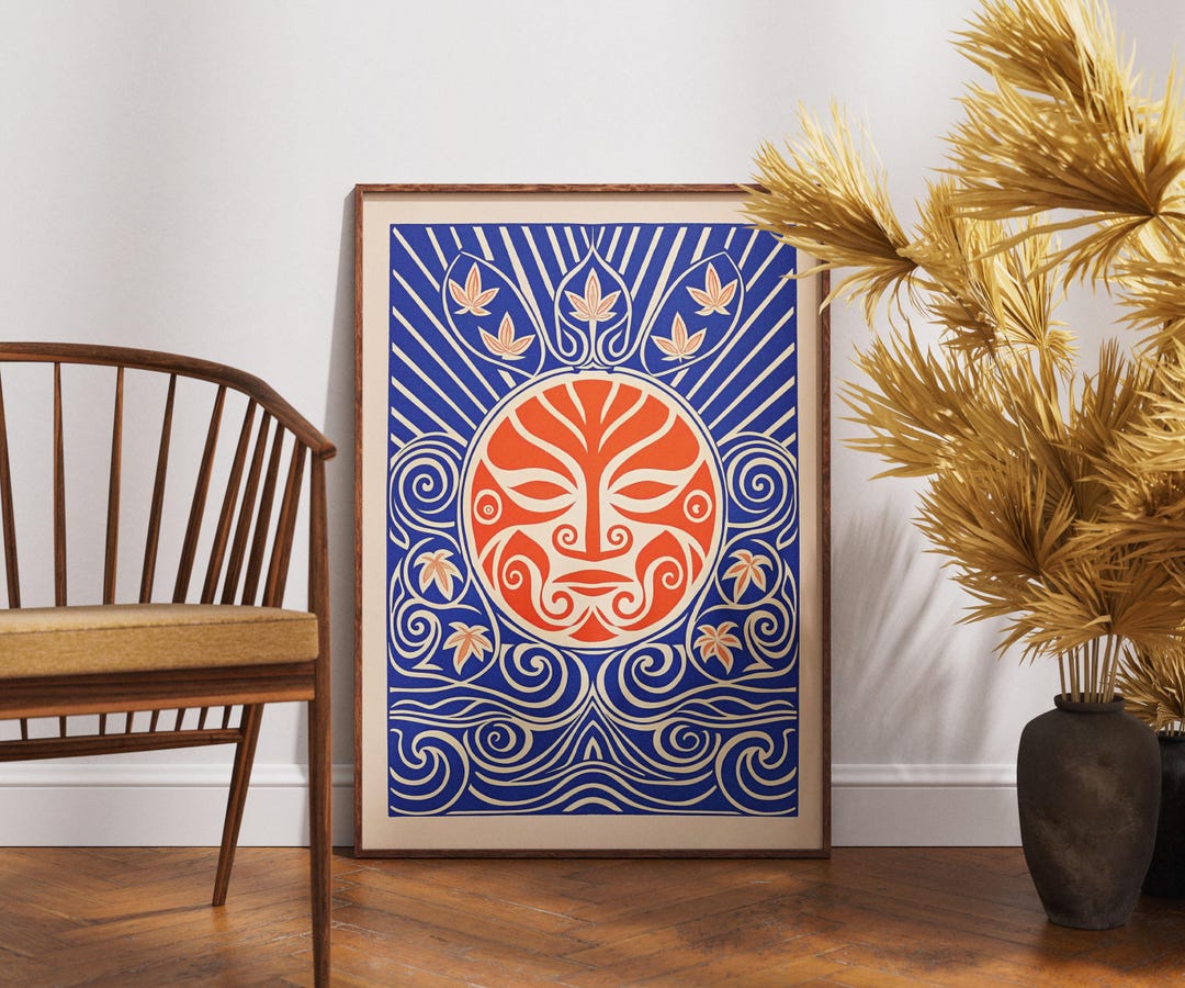 Vintage Kabuki Mask Poster, Linocut Maple Flair Art, Retro Japanese ...