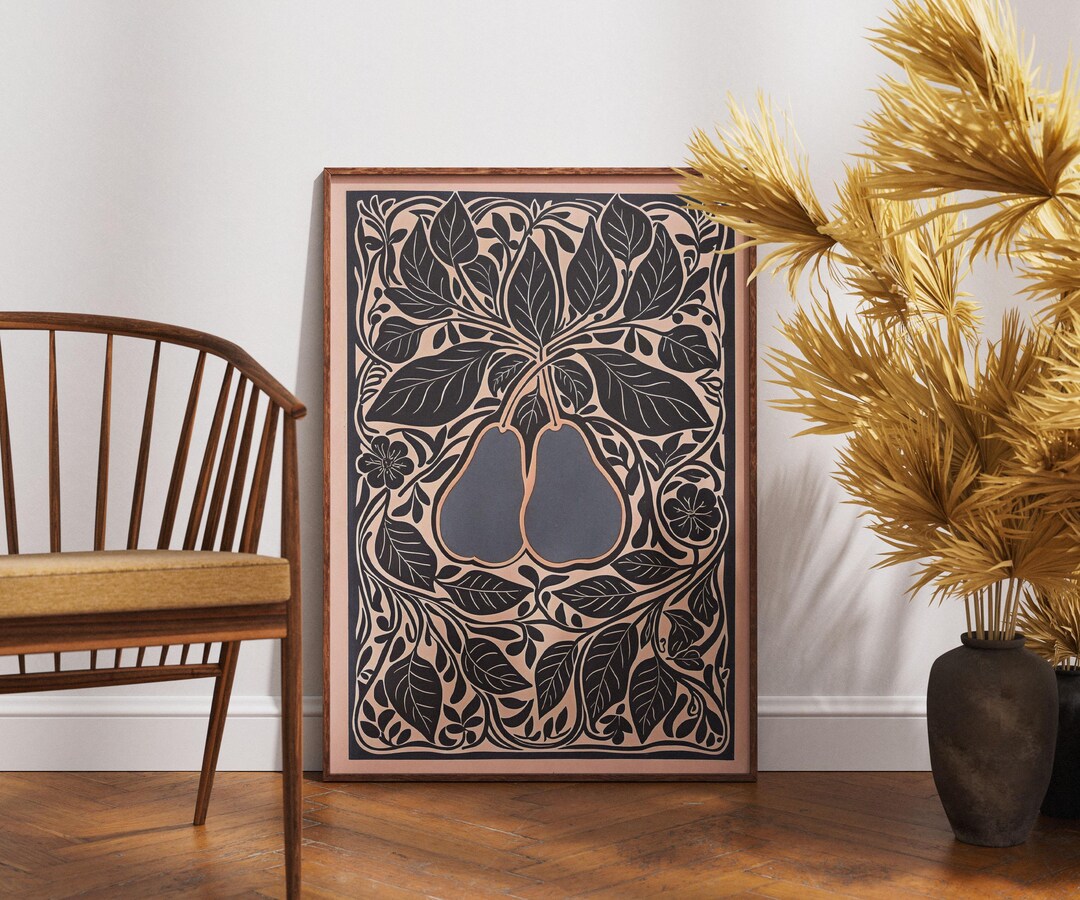 Vintage Pear Orchard Poster, Linocut Ornate Fruit Art, Retro Botanical ...