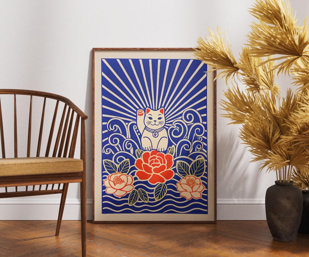 Vintage Maneki-neko Poster, Linocut Camellias Art, Retro Lucky Cat Wall ...