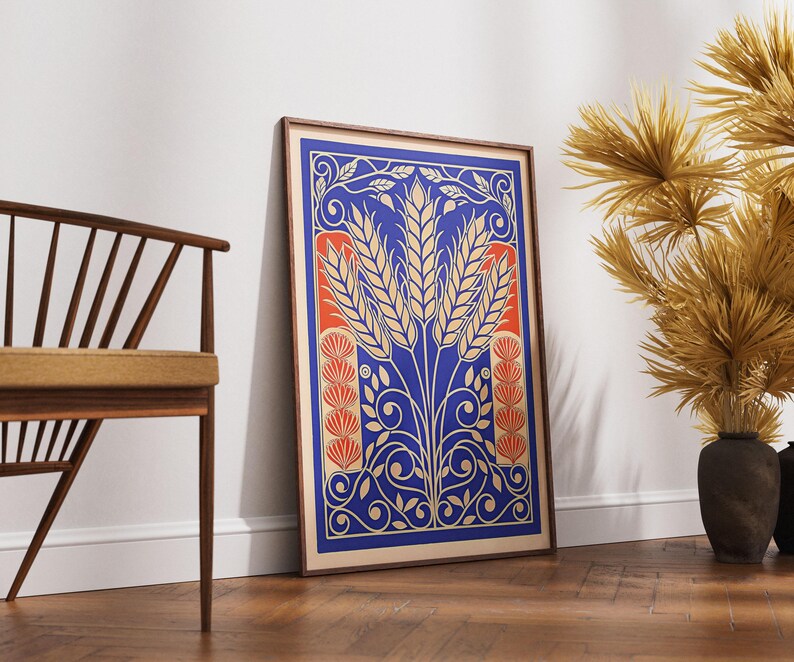 Vintage Wheat Field Poster, Linocut Ornate Farm Art, Rustic Botanical ...