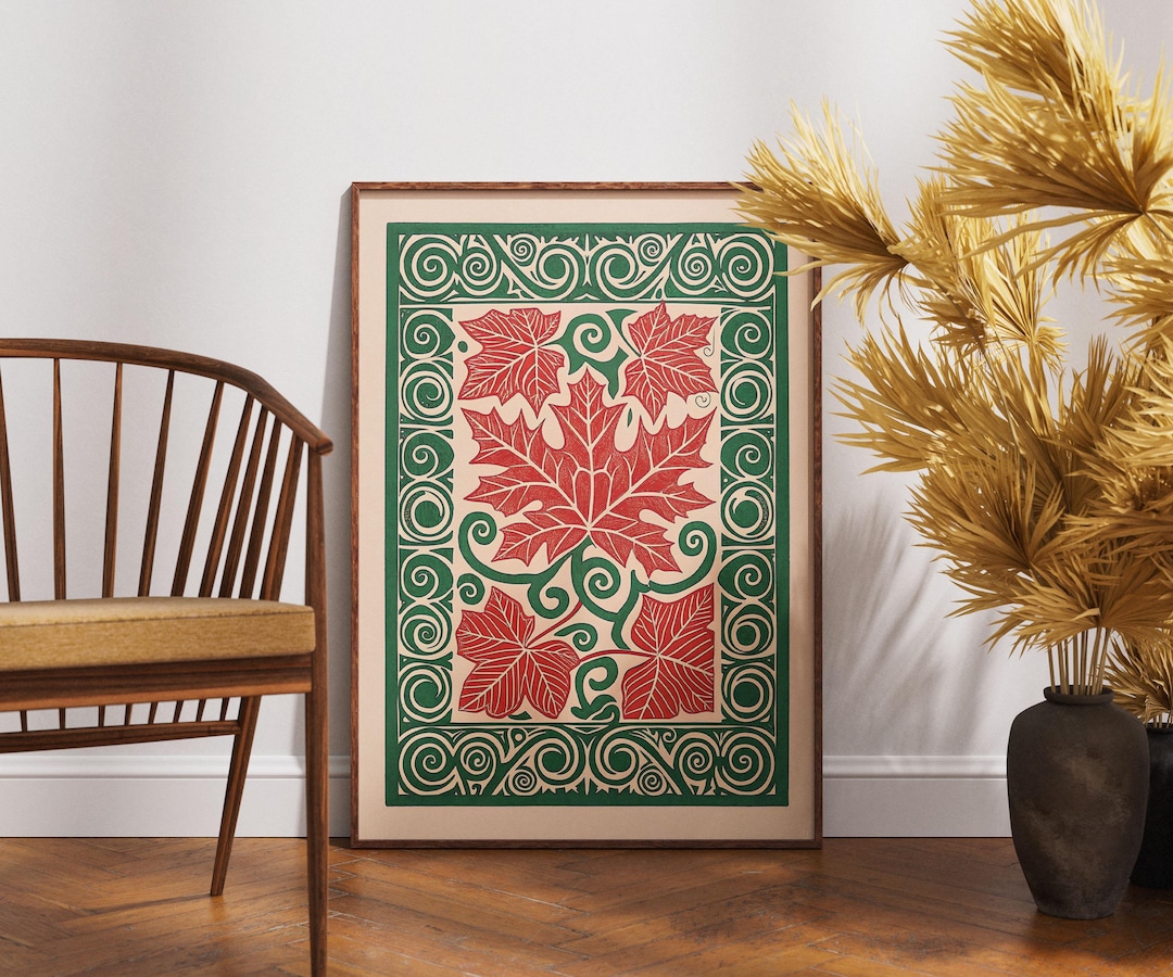 Vintage Maple Leaf Poster, Linocut Ornate Foliage Art, Retro Nature ...