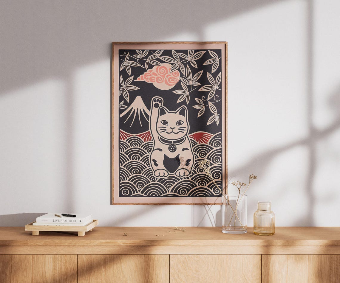 Vintage Maneki-neko Poster, Linocut Maple Breeze Art, Japanese Lucky ...