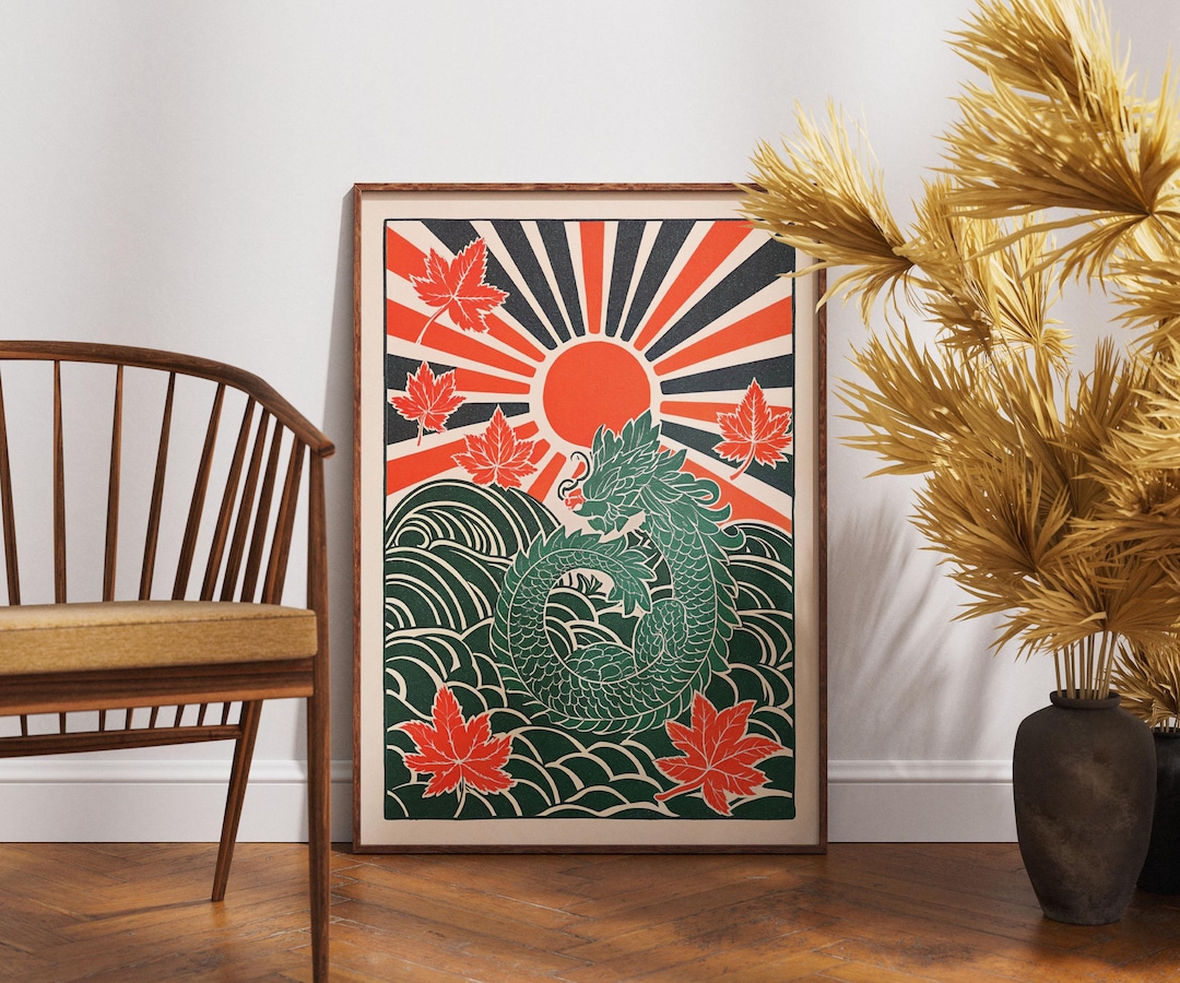 Vintage Dragon Poster, Linocut Golden Chrysanthemum Art, Zen Mythical ...