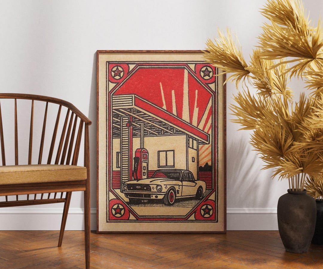 Vintage Gas Station Poster, Classic Car Matchbox Art, Retro Americana ...