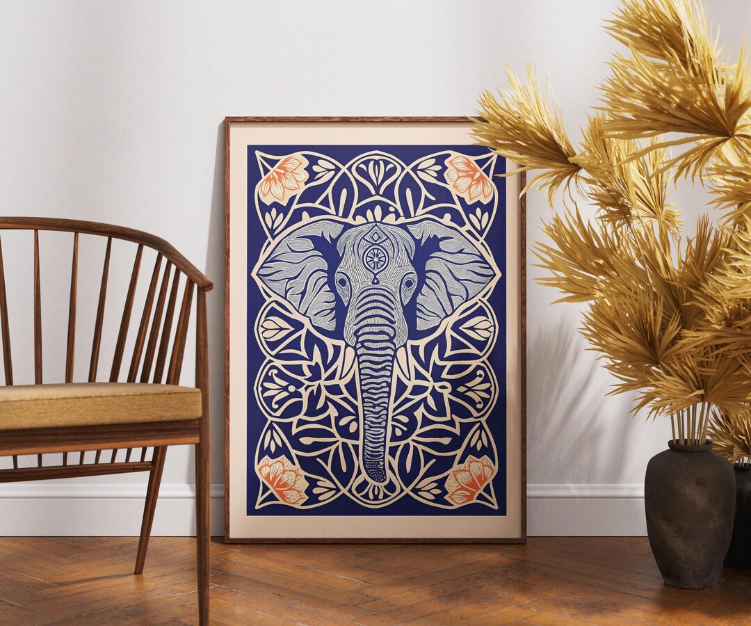 Vintage Elephant Poster, Linocut Ornate Vista Art, Retro Wildlife Wall ...