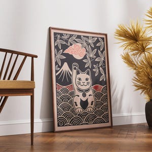 Vintage Maneki-neko Poster, Linocut Maple Breeze Art, Japanese Lucky ...