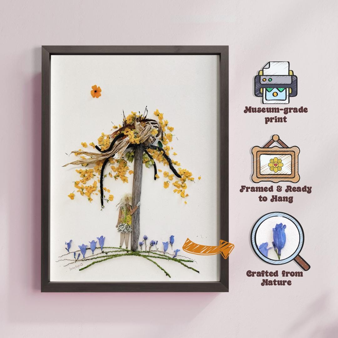 Pressed Flower Art Print: Girl Hugging Tree, Nature-inspired Wall Decor ...