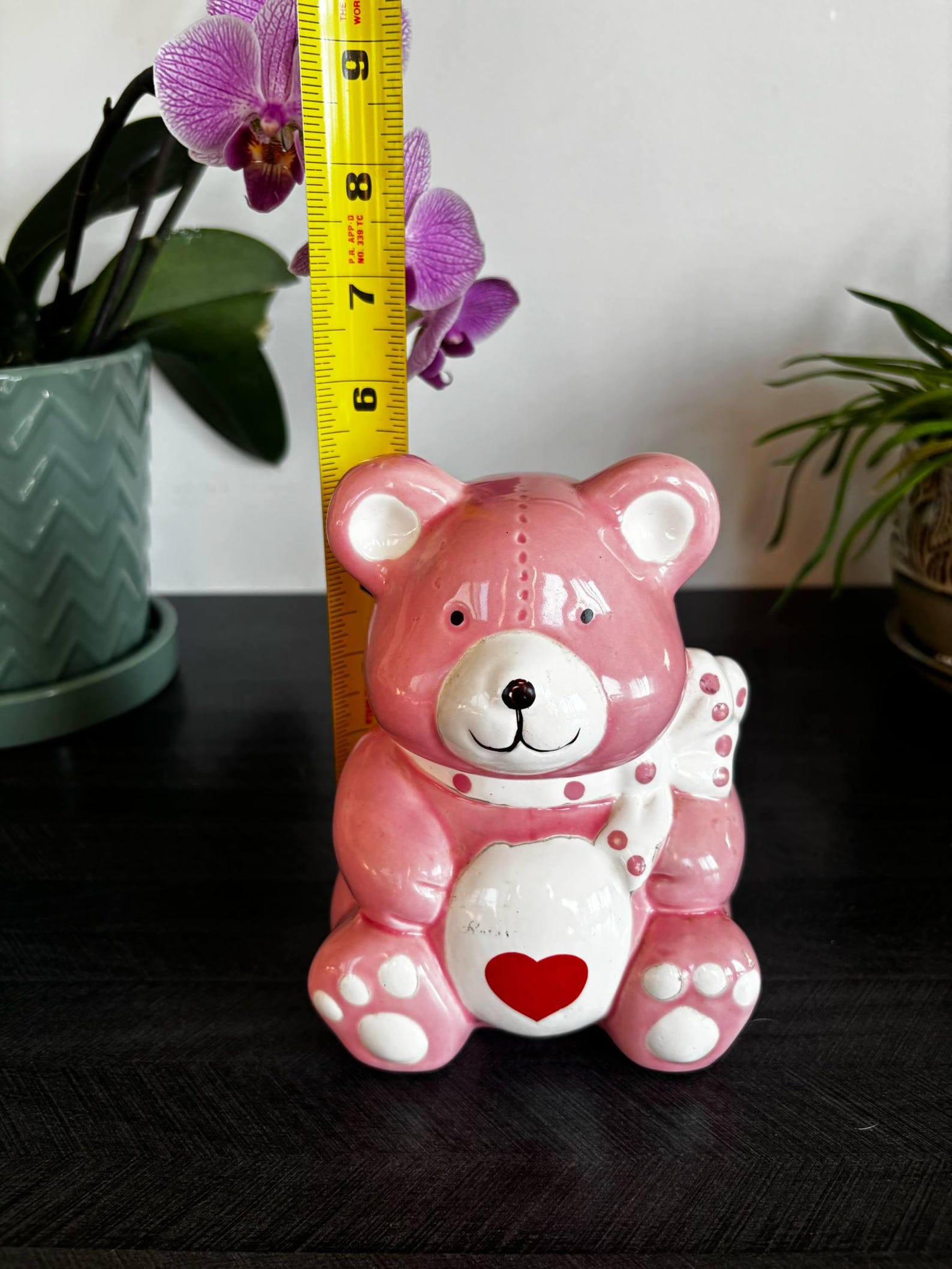 Vintage Pink Ceramic Teddy Bear Coin Bank With Heart on Belly and Polka ...