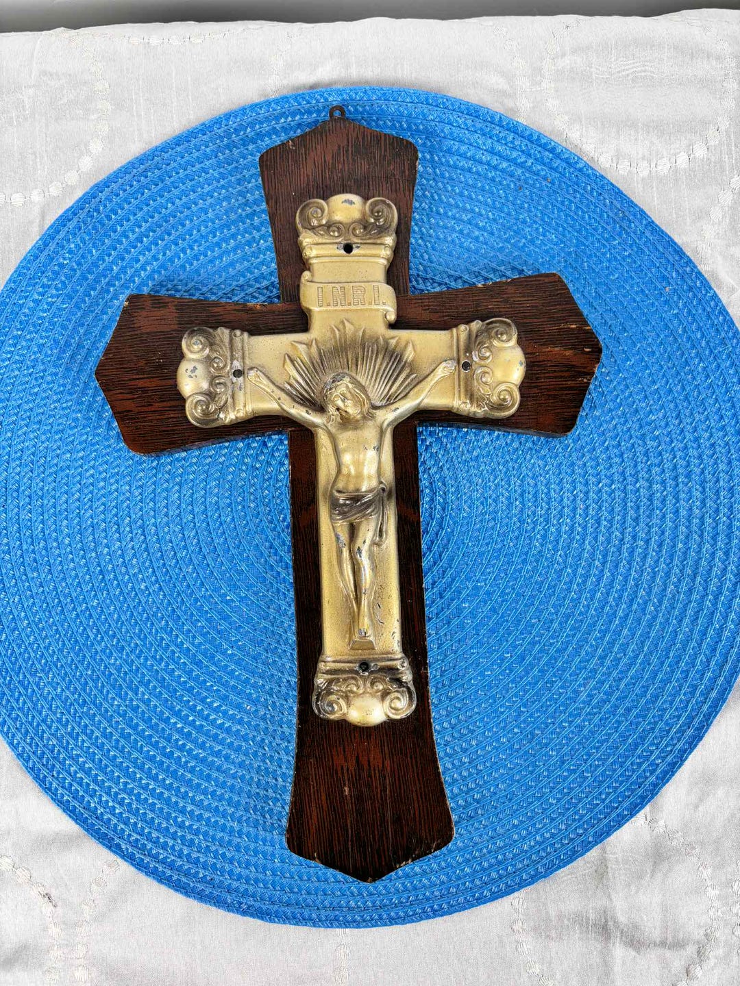 Antique Wooden Wall Crucifix With Brass Jesus Corpus INRI Catholic ...