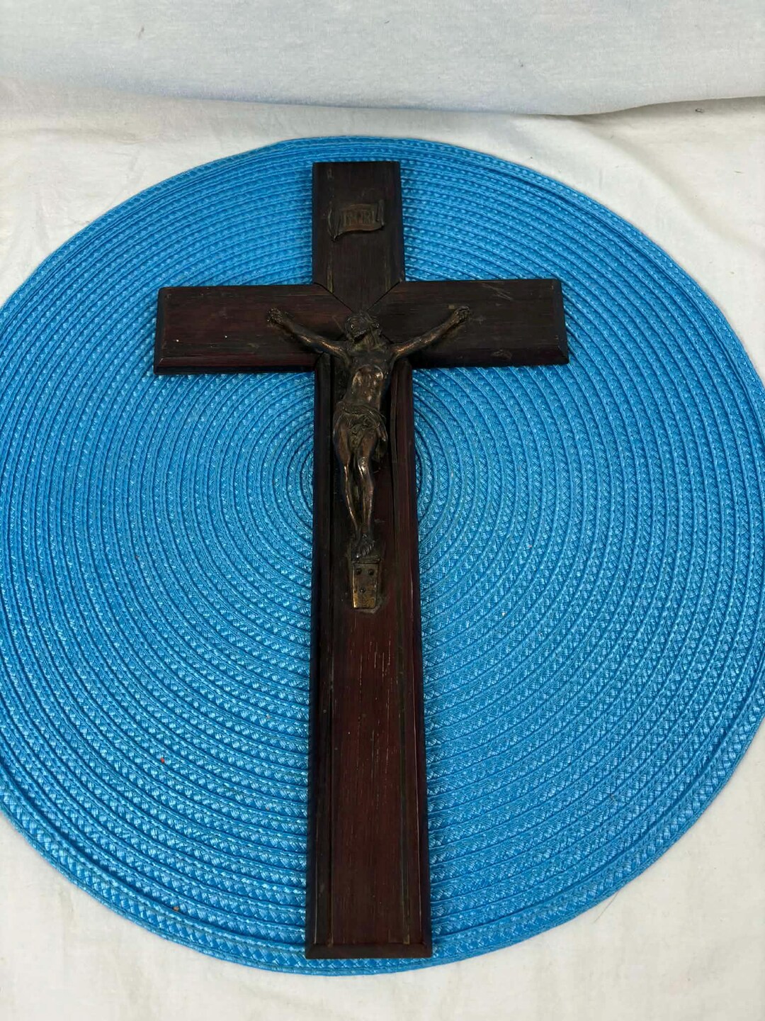 Vintage Dark Wood Religious Wall Crucifix With Metal Christ and INRI ...