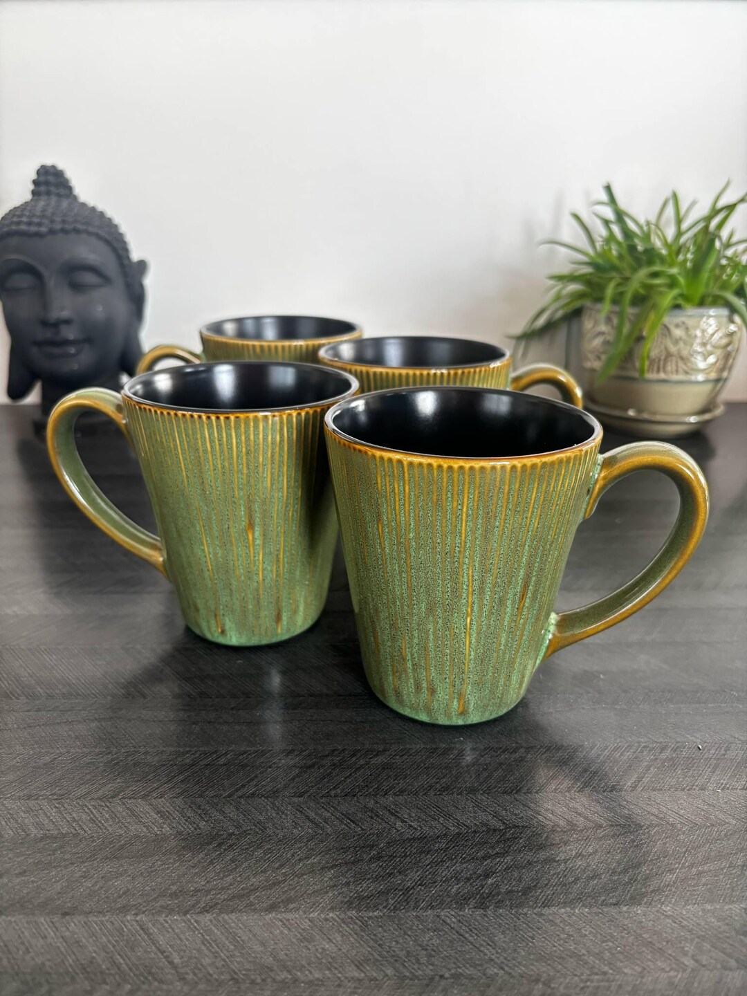 Set of 4 Ceramic Mugs Green and Gold Vertical Ribbed Texture Matte ...
