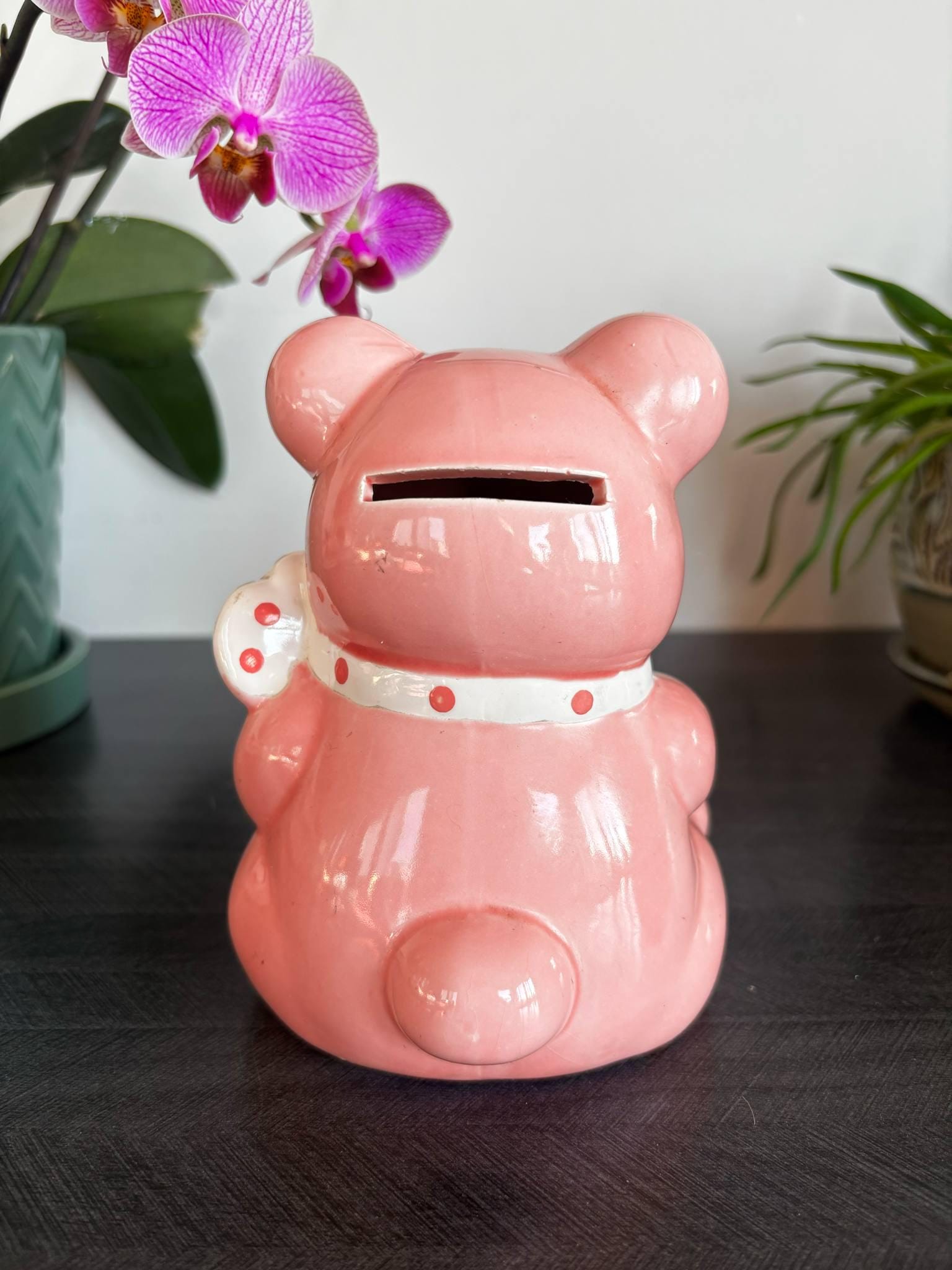 Vintage Pink Ceramic Teddy Bear Coin Bank With Heart on Belly and Polka ...