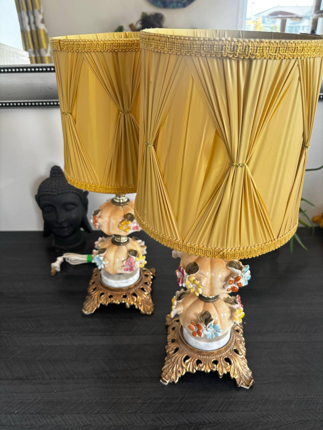 Pair of Ornate Ceramic and Brass Table Lamps With Yellow Pleated Shades ...