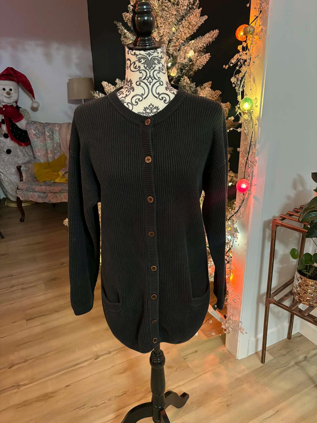 Dalia Collection Vintage Black Long Cardigan in Ribbed Cotton With ...
