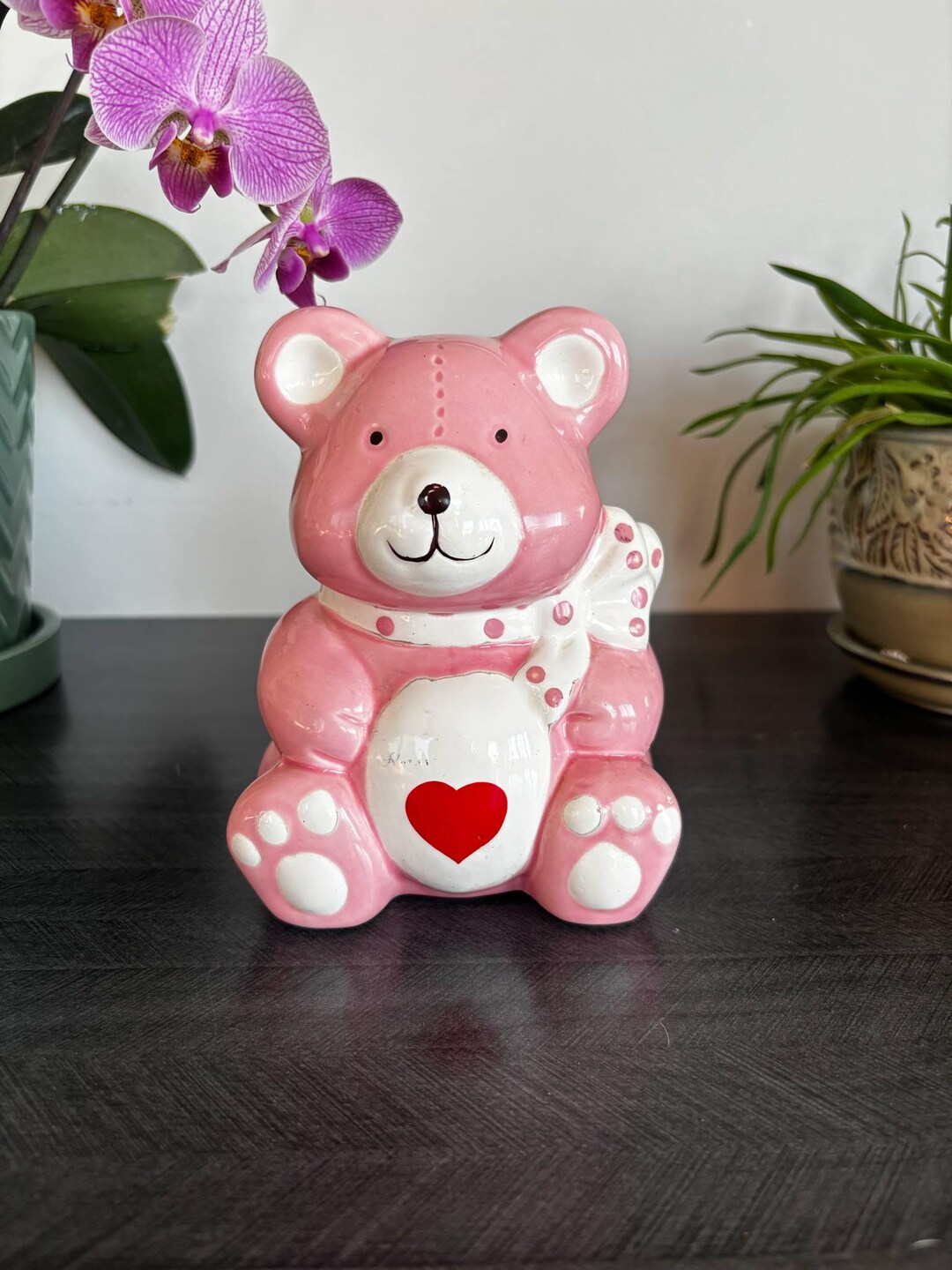 Vintage Pink Ceramic Teddy Bear Coin Bank With Heart on Belly and Polka ...