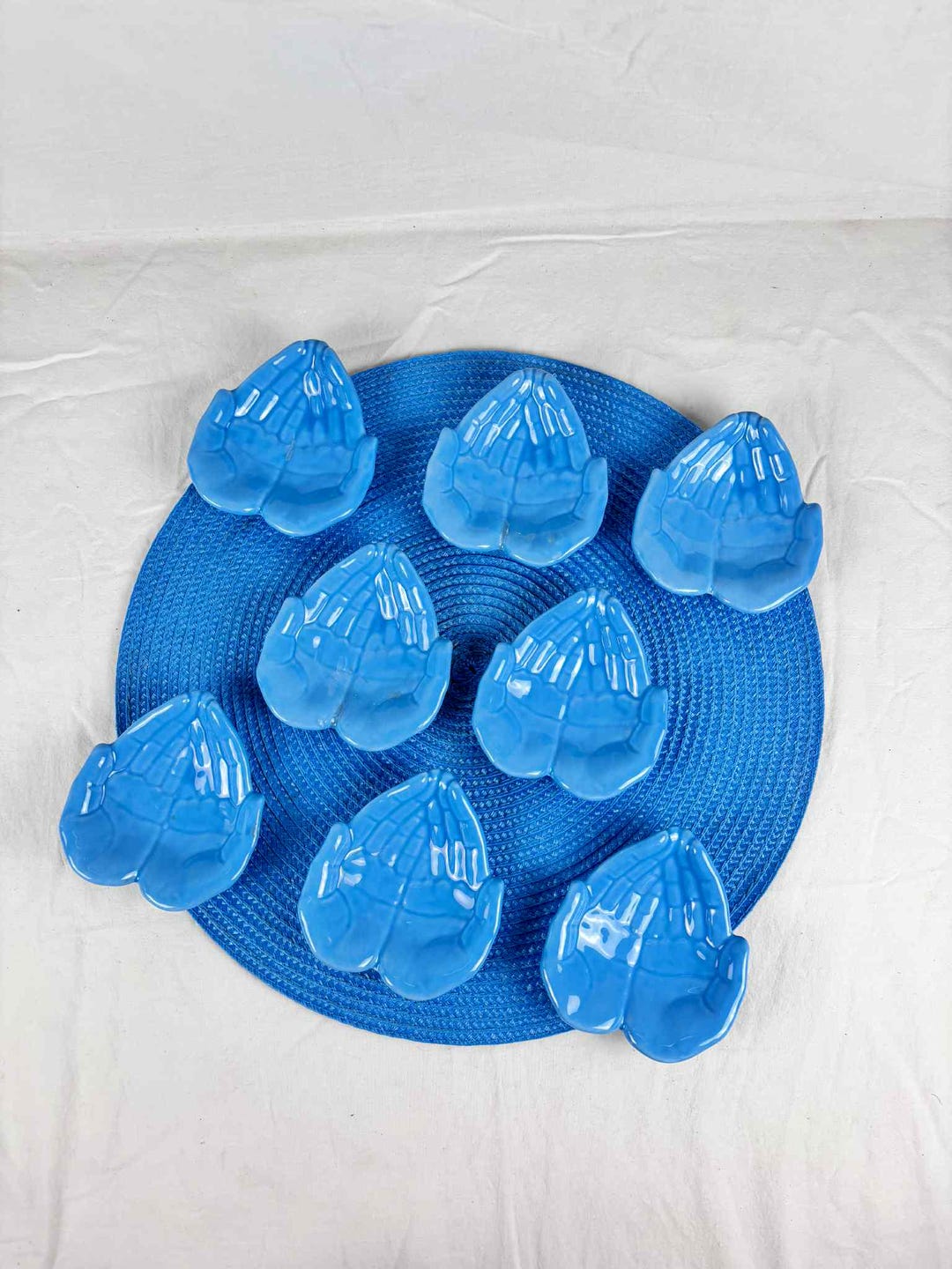 Set of 8 Vintage Blue Ceramic Hand-shaped Dishes, Decorative Trinket ...
