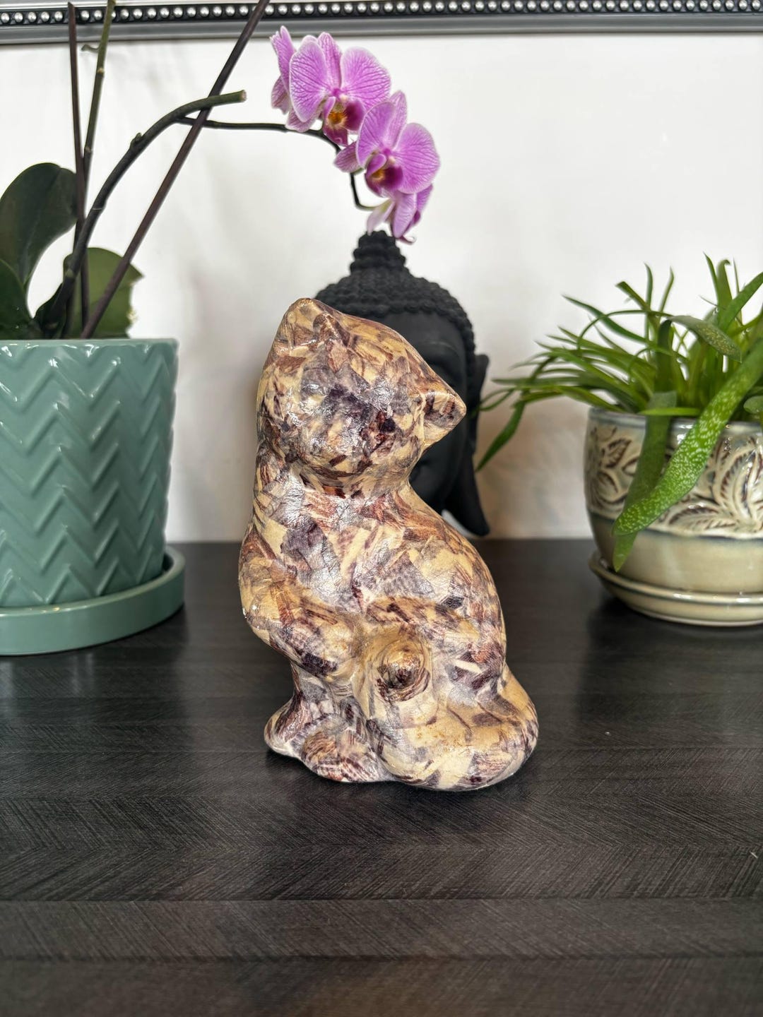 Plaster & Decoupage Cat Figurine – Handmade Rustic Paper Textured ...