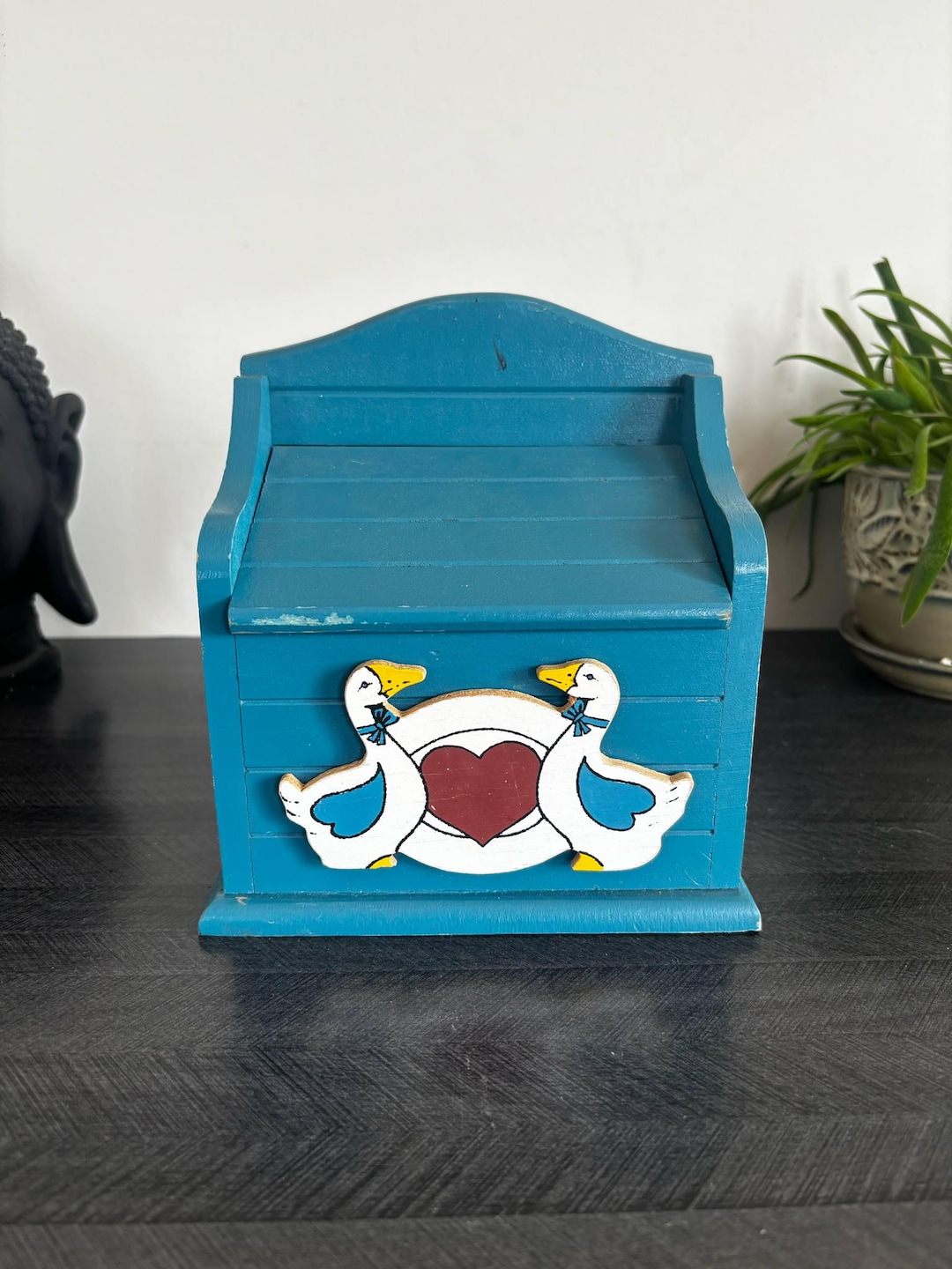 Vintage Wooden Country Blue Bread Box With Ducks and Heart – Rustic ...