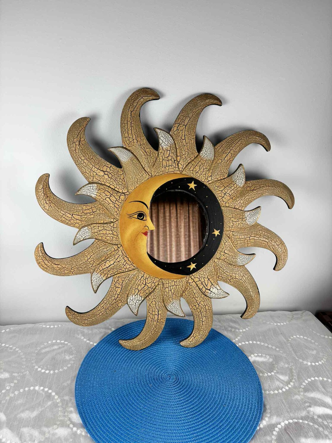 Hand-painted Celestial Wall Mirror – 22" Sun and Moon Wood Art With ...