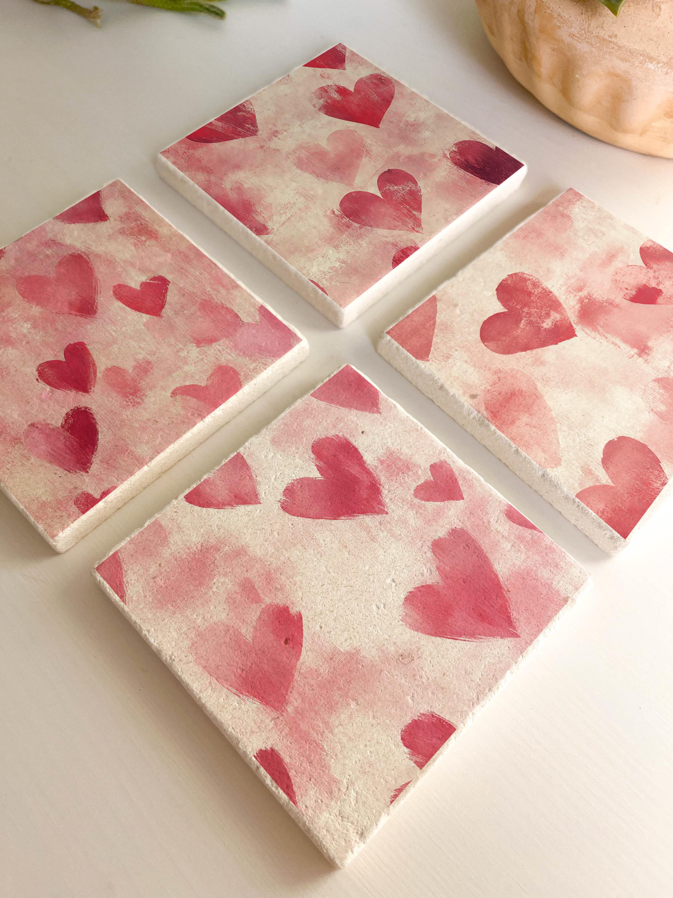 Romantic Red Heart Patterns Natural Stone Coasters, Rustic Valentine ...