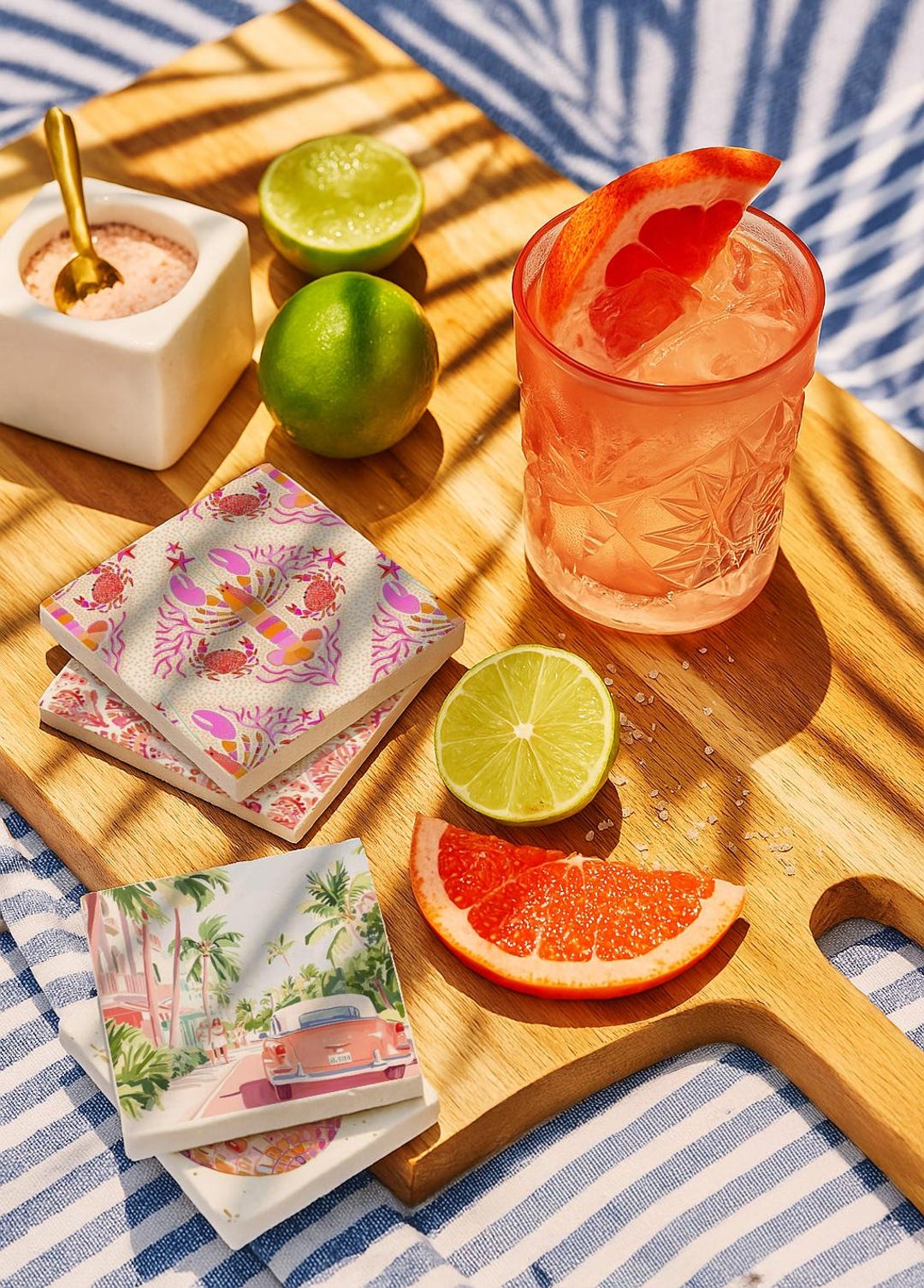 Retro Disco Ball and Beach Theme Stone Coaster Set of 4, Vibrant ...