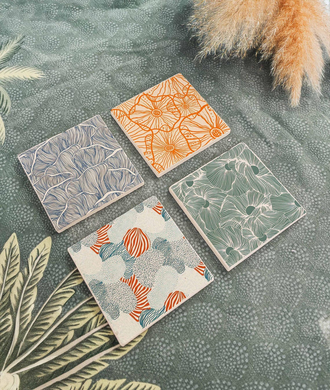 Abstract Floral Line Art Coaster Set of 4, Modern Botanical Travertine ...