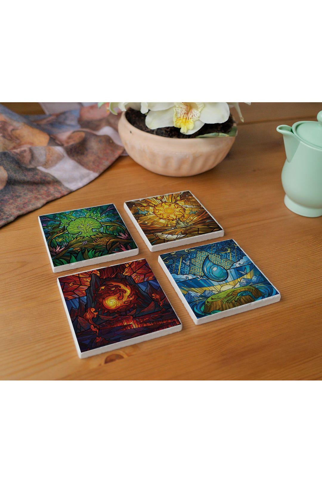 Fantasy Stained Glass Coasters Set of 4 Vibrant Stone Drink Coasters ...