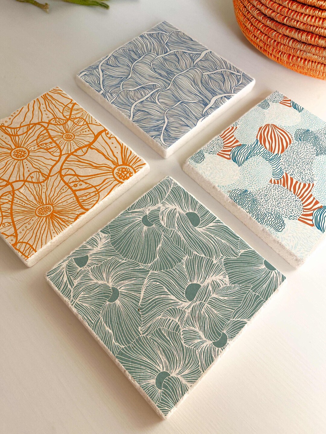 Abstract Floral Line Art Coaster Set of 4, Modern Botanical Travertine ...
