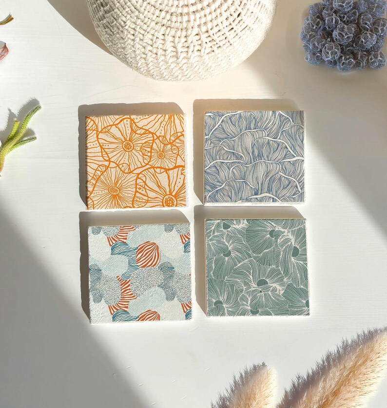Abstract Floral Line Art Coaster Set of 4, Modern Botanical Travertine ...