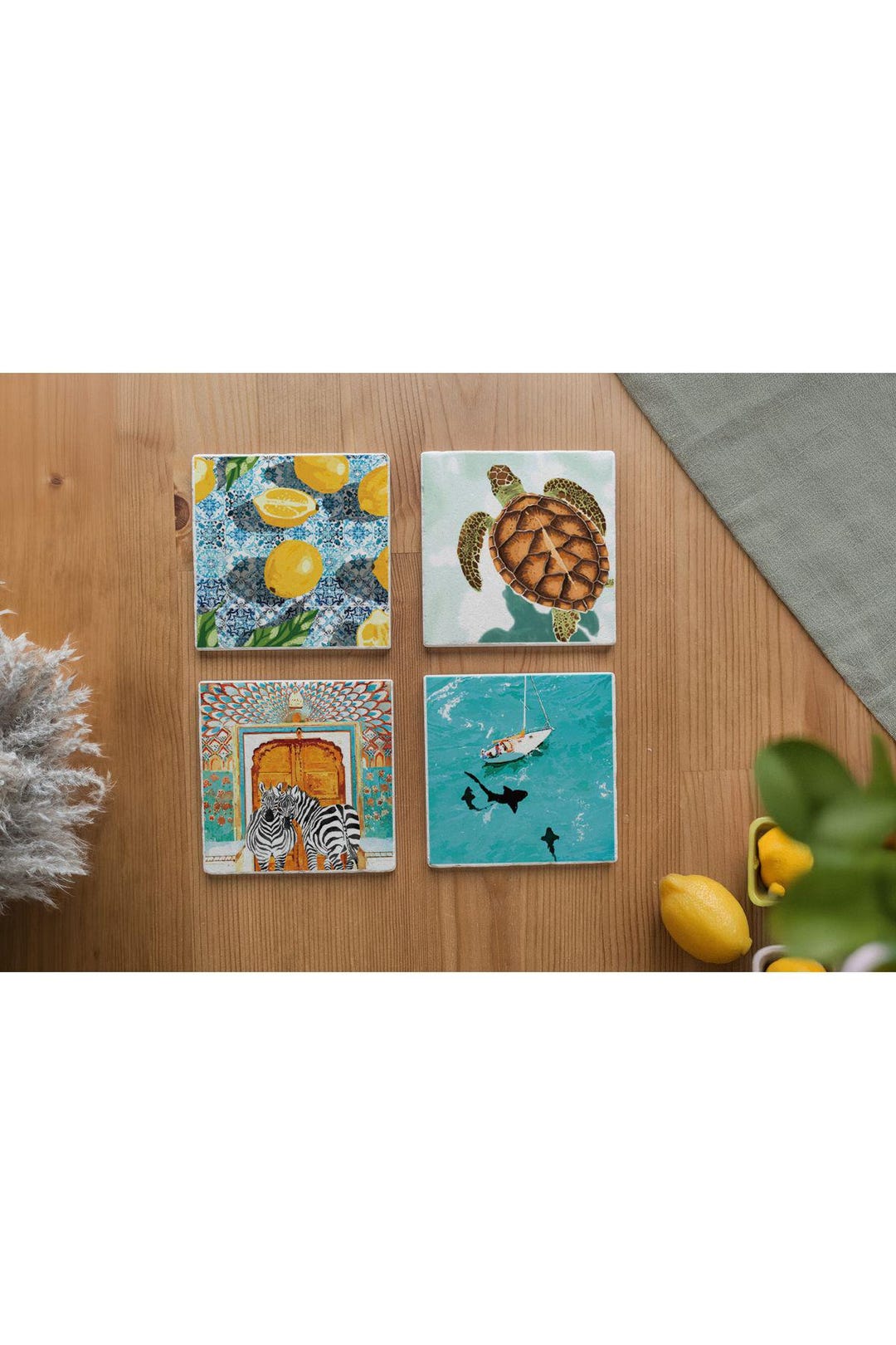 Coastal and Mediterranean Inspired Ceramic Coasters, Set of 4 Nautical ...