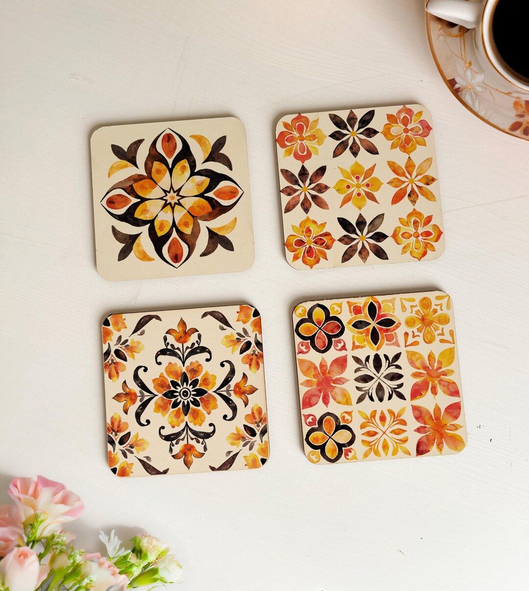 Set of 4 Vibrant Floral Tile Pattern Coasters, Rustic Mediterranean ...