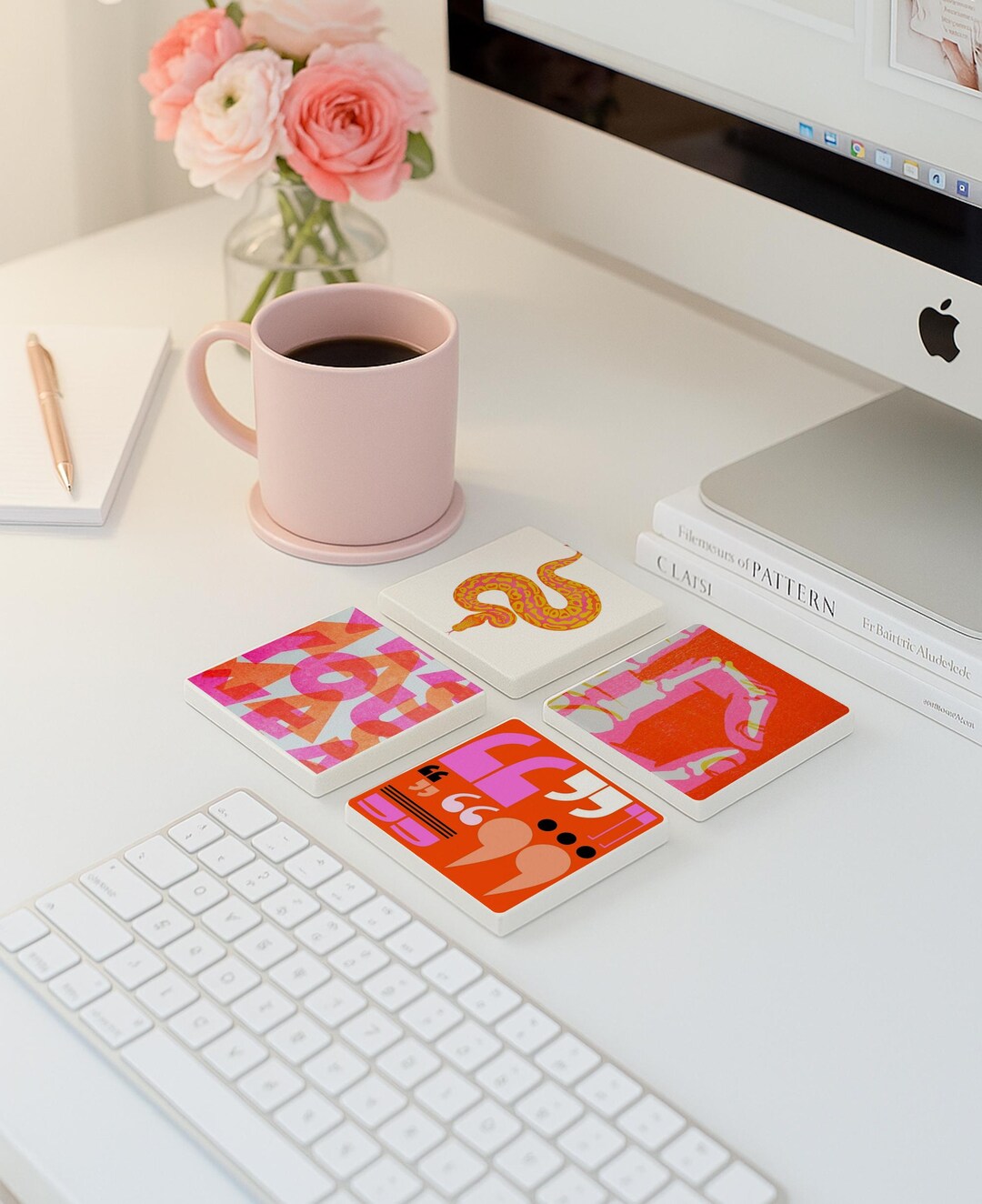Retro Graphic Coaster Set, Bold Typography Natural Stone Drink Coasters ...
