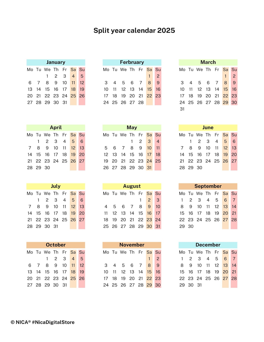 2025 Editable Split Year Calendar - Digital Printable SVG for Canva ...